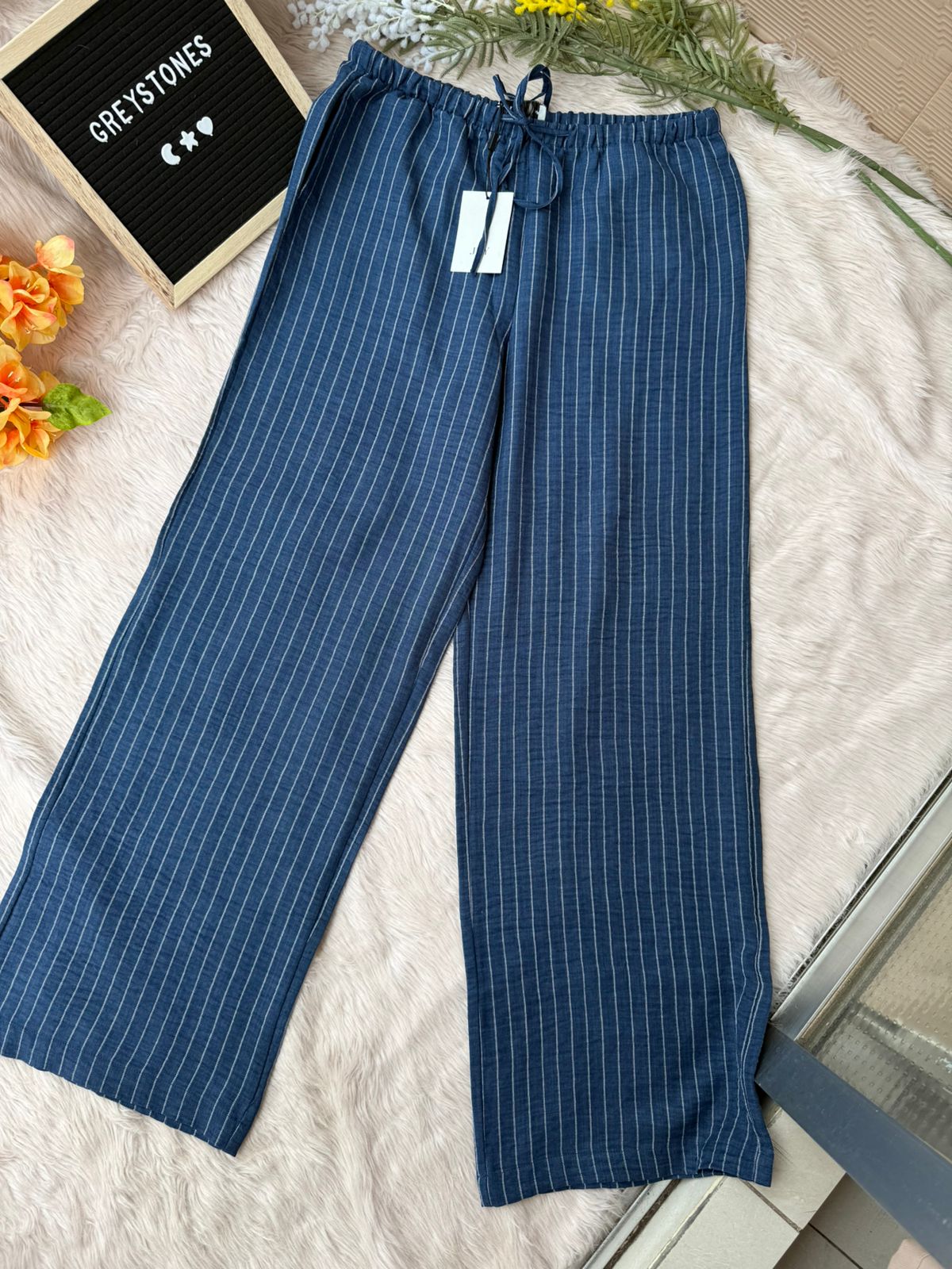 Striped Cotton Wide-Leg Pants – Olive & Navy - Greystones